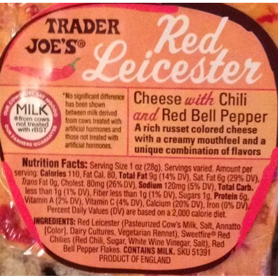 Carbs in Trader Joe's Red Leicester Cheese | Carb Manager