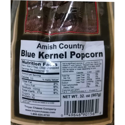 Carbs in Troyer Cheese Company Amish Country Popcorn, Blue Kernel | Carb Manager